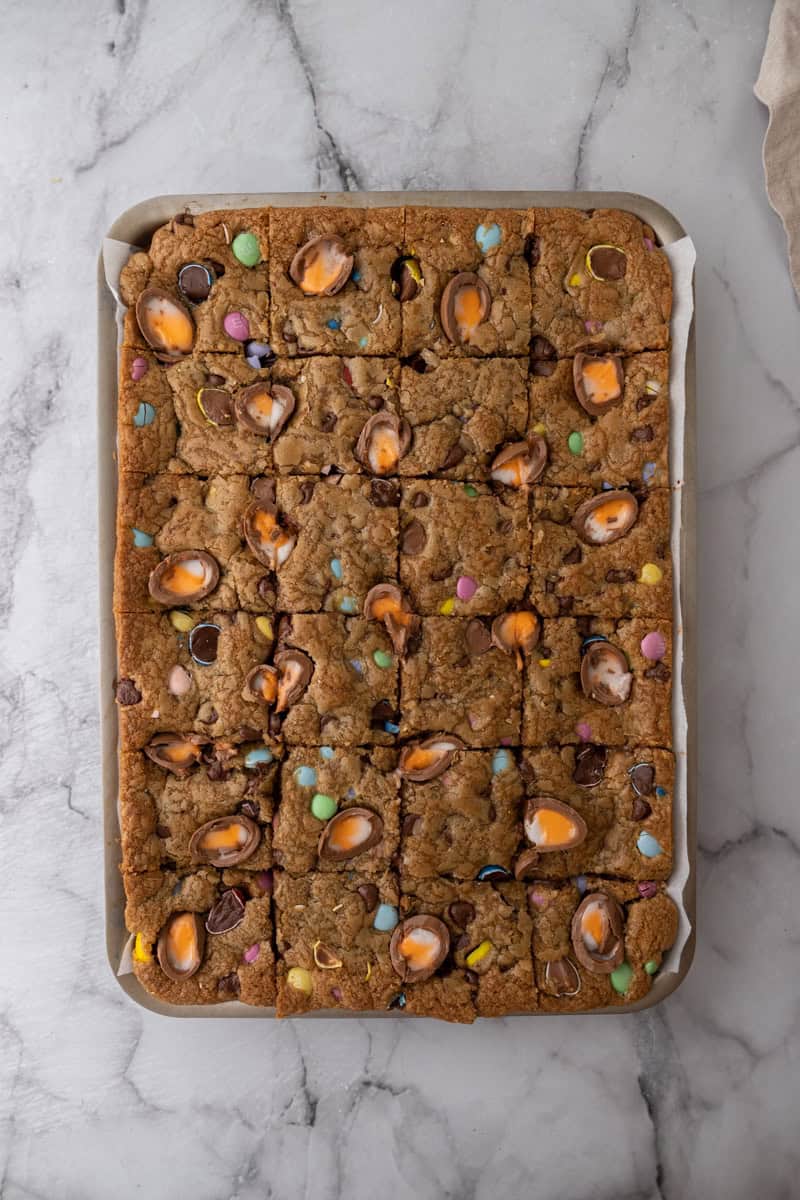 The Best M&M's Cadbury Egg Chocolate Chip Easter Cookie Bars - Lifestyle of a Foodie